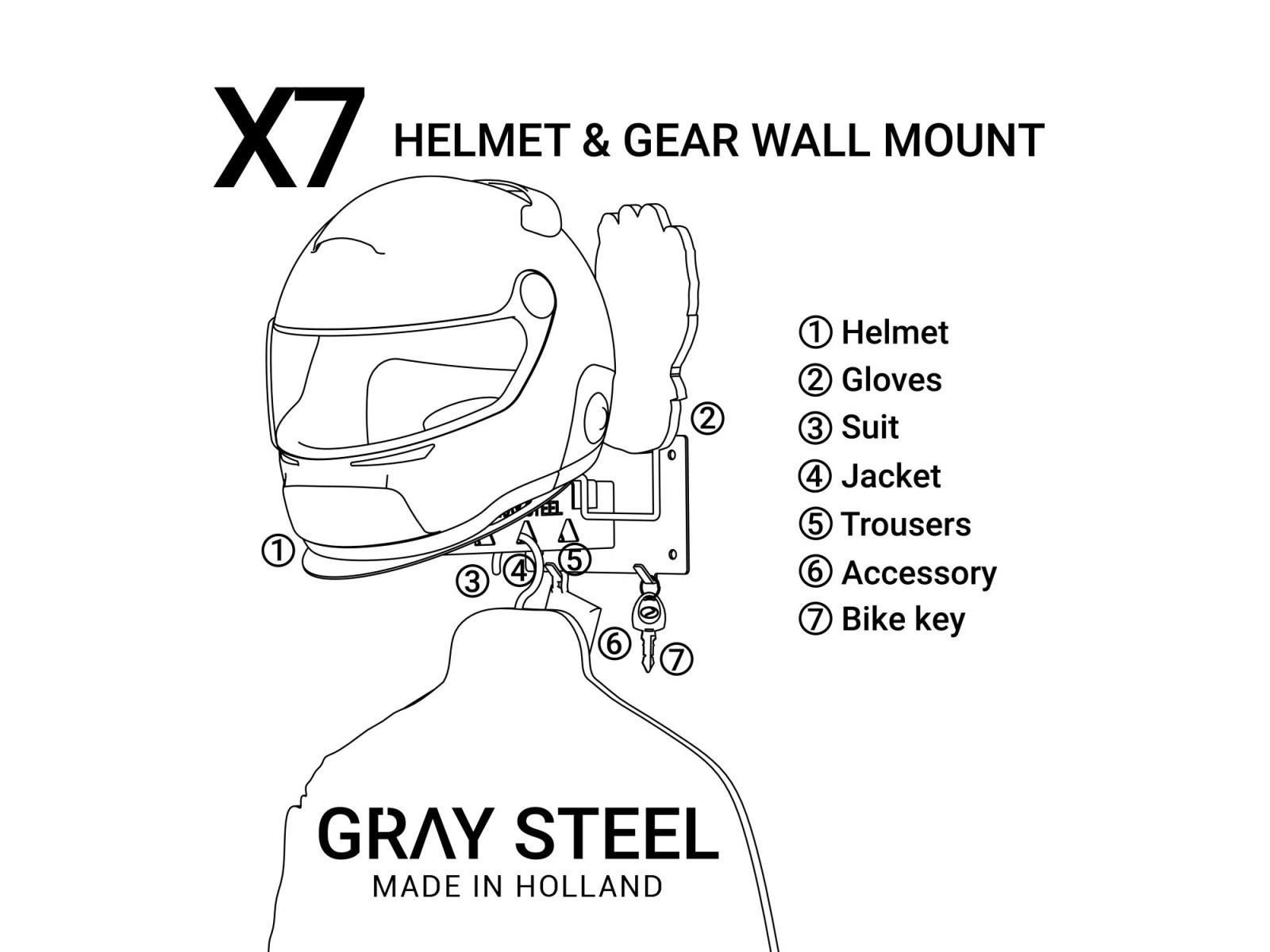 Gray Steel X7 gear wall mount for motorcycle clothes