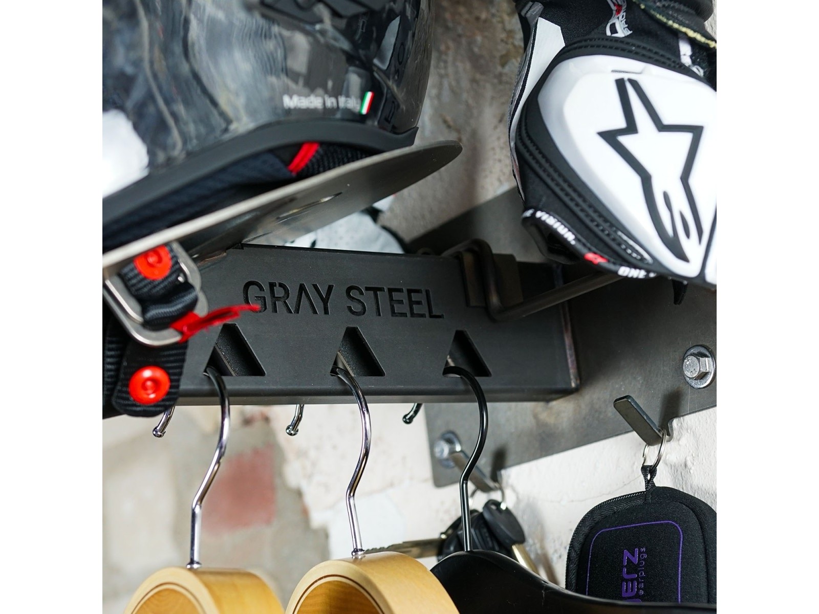 Gray Steel X7 gear wall mount for motorcycle clothes