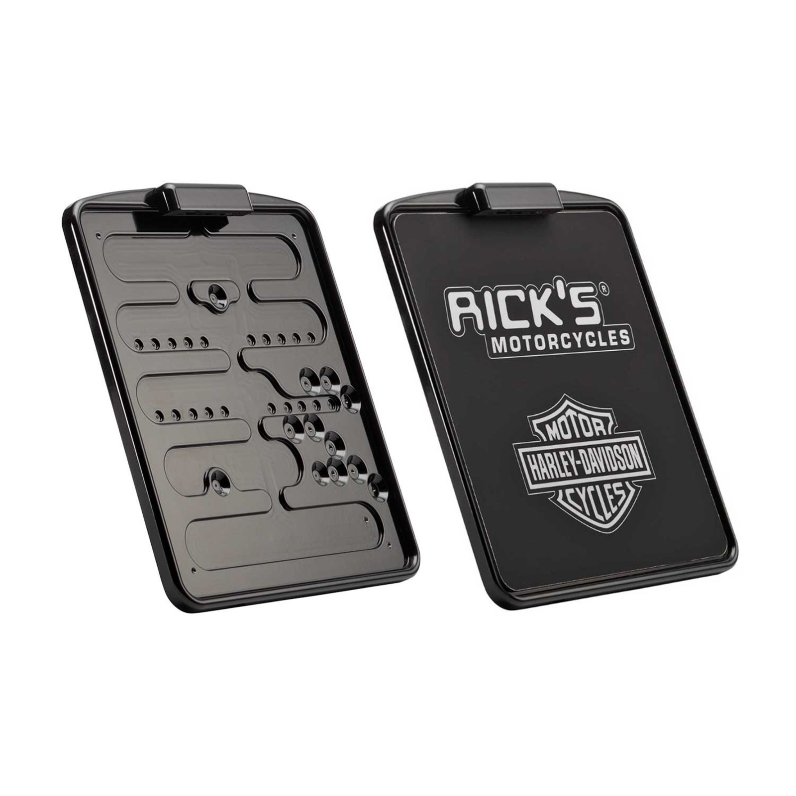 Rick's Motorcycles license plate base plate, milled aluminum